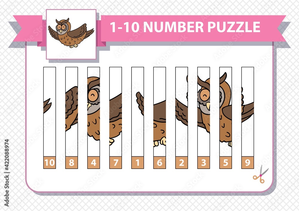 Counting number puzzle with cartoon rocket. From 1 to 10. Cut and ...