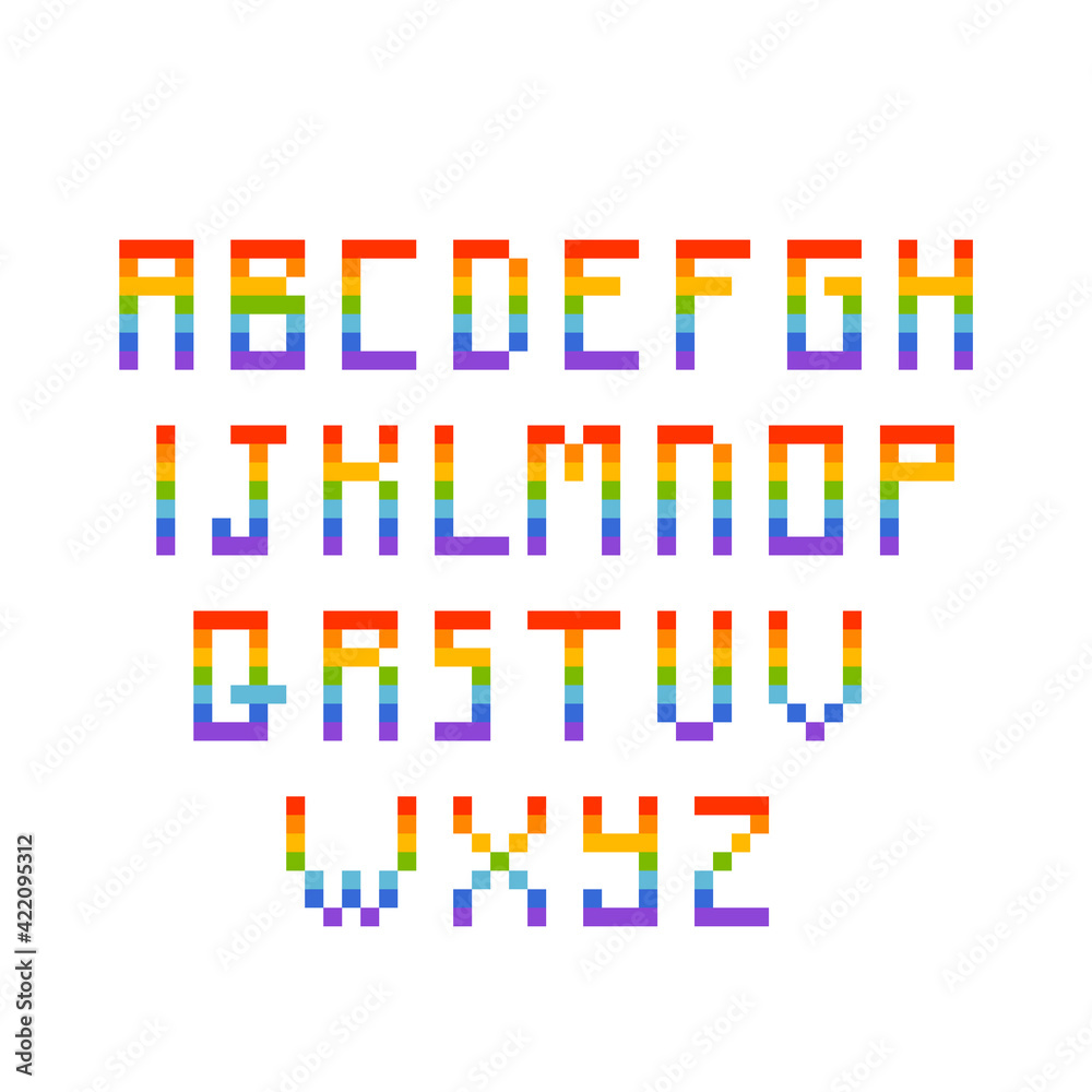 Pixel art LGBT latin alphabet, capital letters. All caps 8 bit rainbow ...