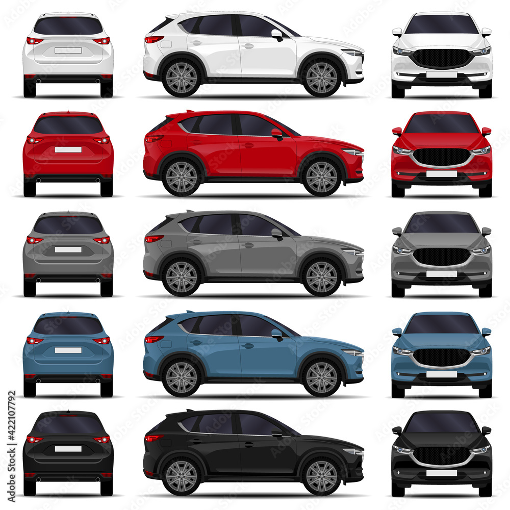 Realistic SUV cars set. Front view; side view; back view. Stock Vector ...