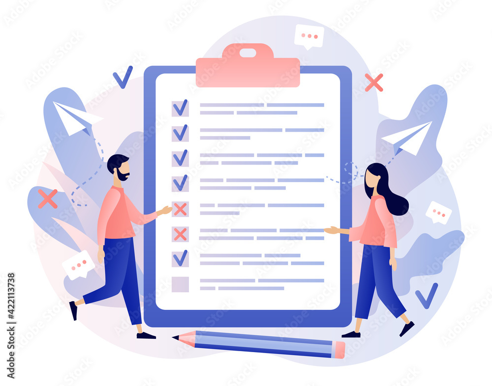 Online survey concept. Tiny people filling survey form. Feedback ...