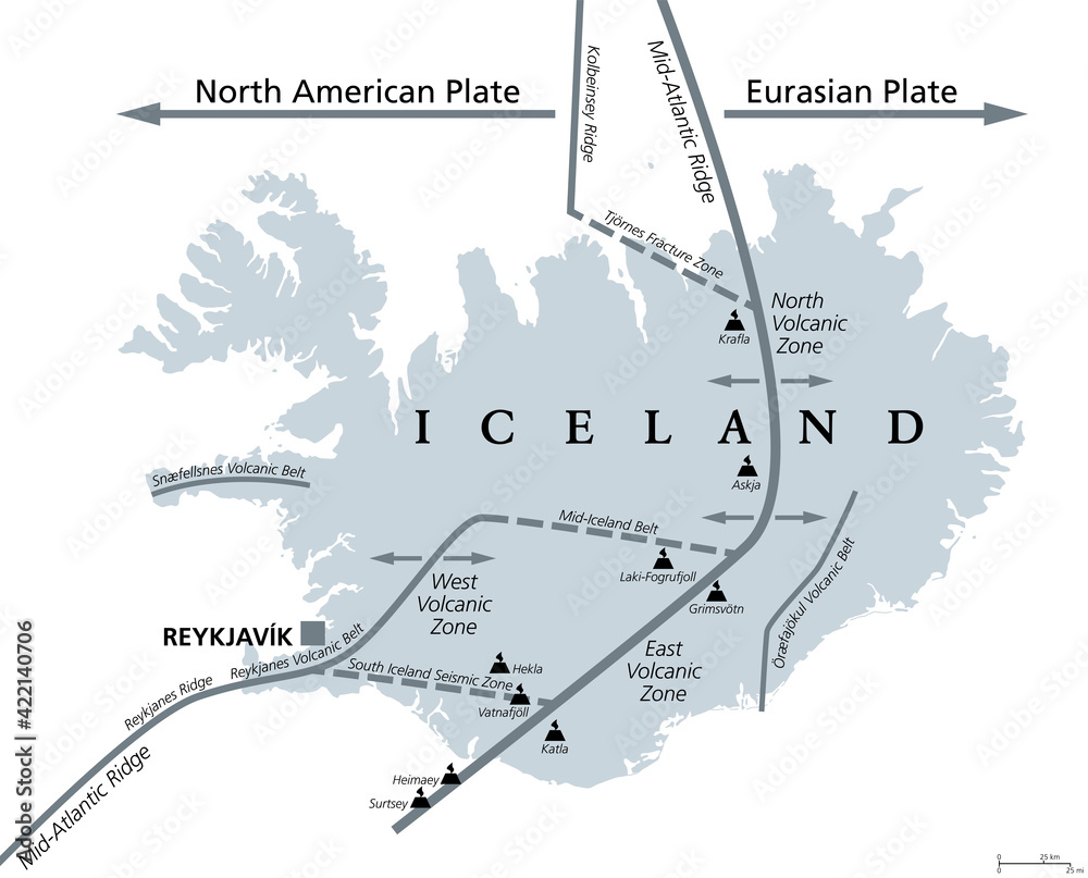 Geology of Iceland, gray political map. Iceland lies on the divergent ...