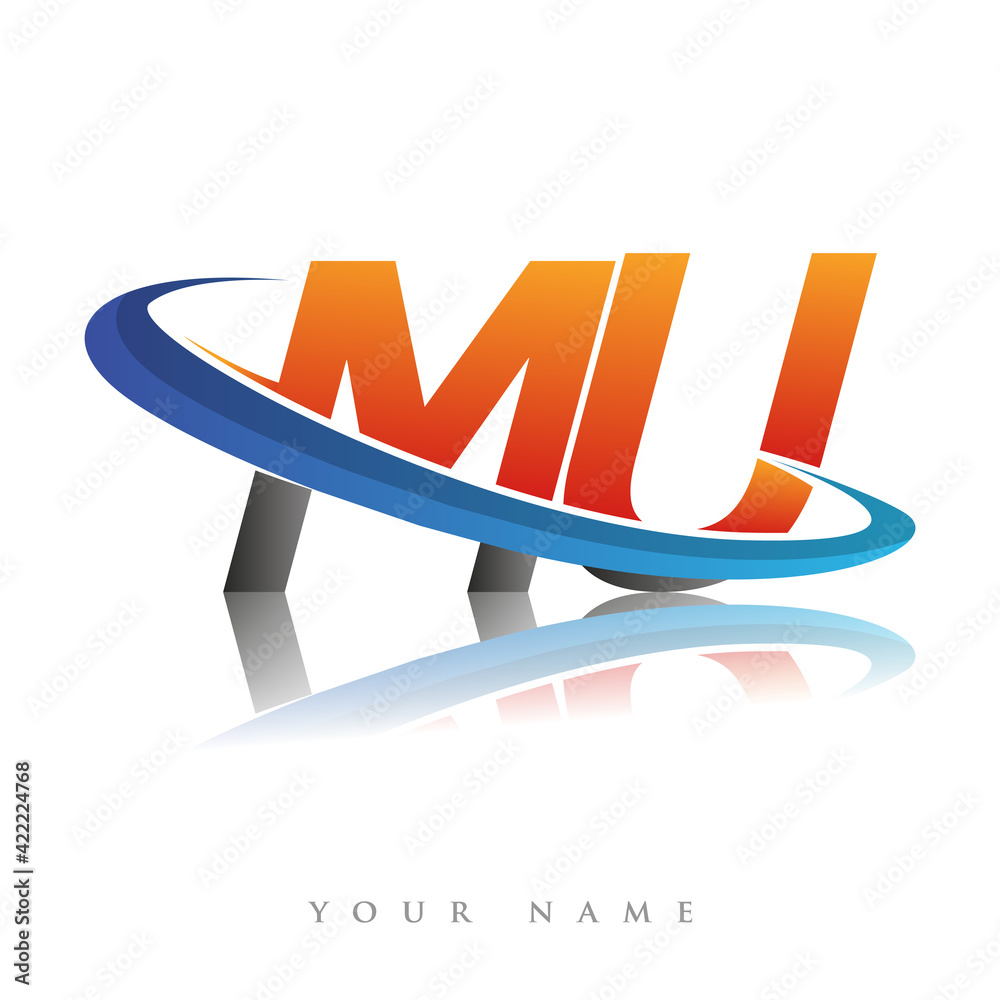 initial logo MU company name colored orange and blue swoosh design ...