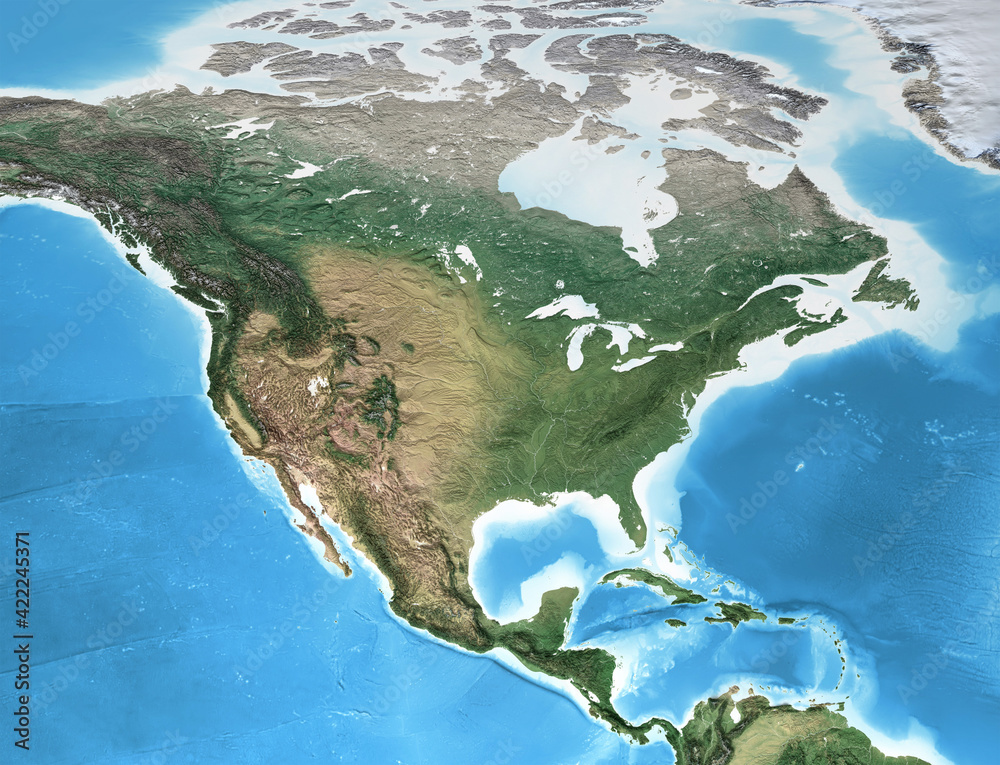 Physical map of North America, with high resolution details. Flattened ...