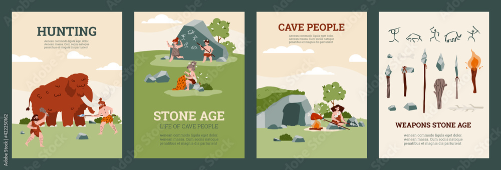 Posters with prehistoric stone age cave people, cartoon vector ...