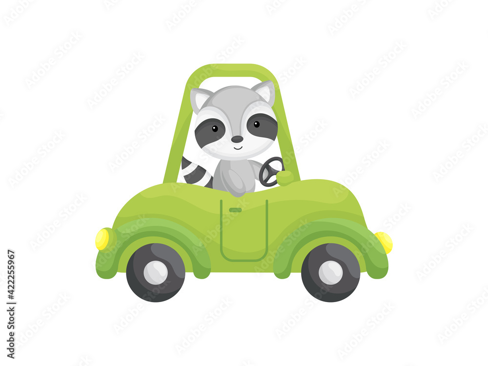 Cute little raccoon driving green car. Cartoon character for childrens ...