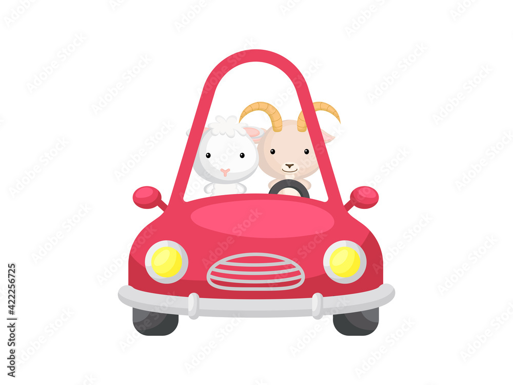 Vector de Stock Cute little sheep and goat driving red car. Cartoon ...