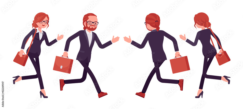 Businessman, businesswoman red haired office worker running. Bossy ...