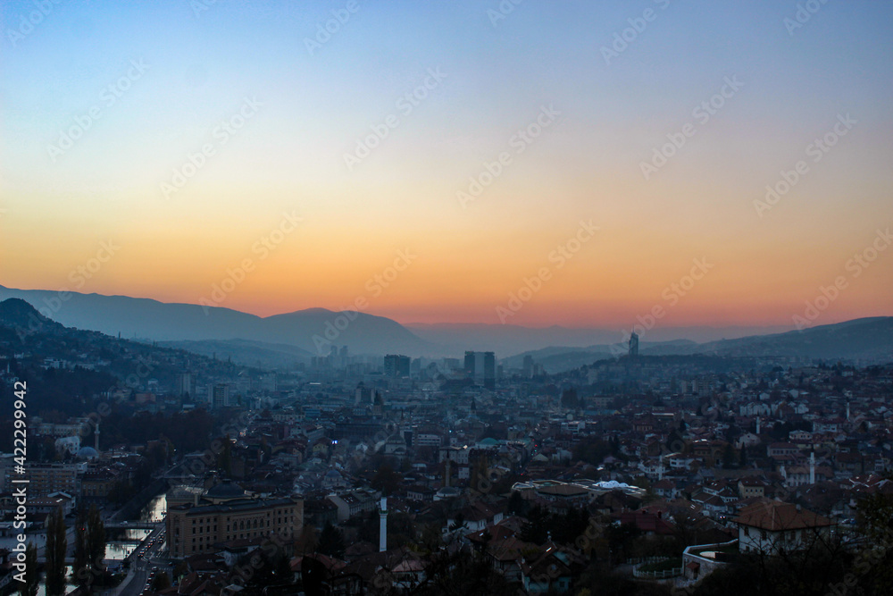 Colorful sky and sunset over Sarajevo. City of Sarajevo before night ...