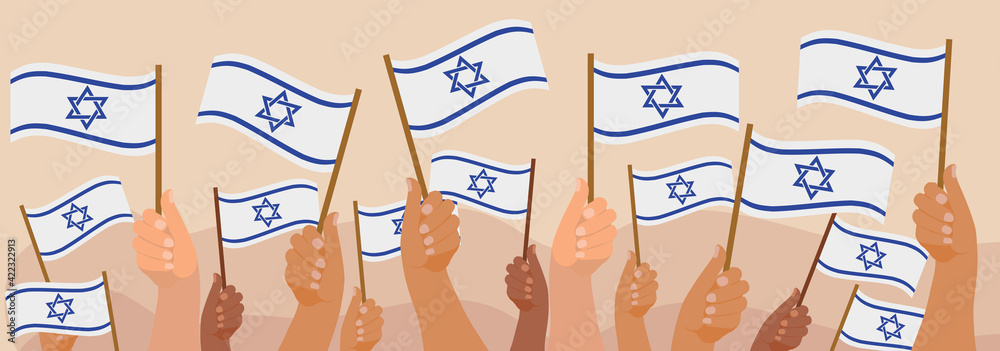 Happy Israel Independence Day banner, hands hold israel flag. Jewish ...