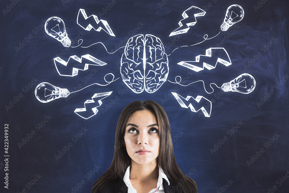 Decision and thinking concept with businesswoman in front of blackboard ...