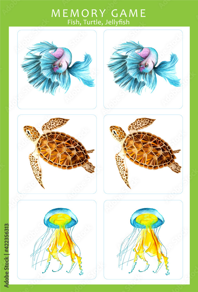 Memory game with hand drawn watercolor illustrations of colorful ...