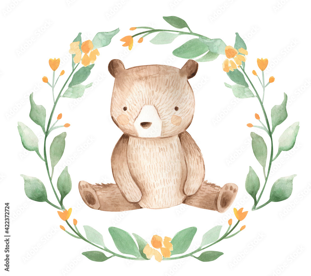 Woodland bear watercolor illustration wreath Stock Illustration | Adobe ...