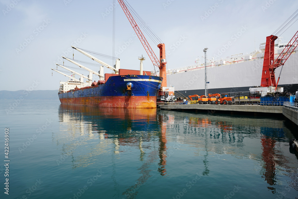 Cargo ship, RoRo Vehicle carrier vessel and various cranes at the ...