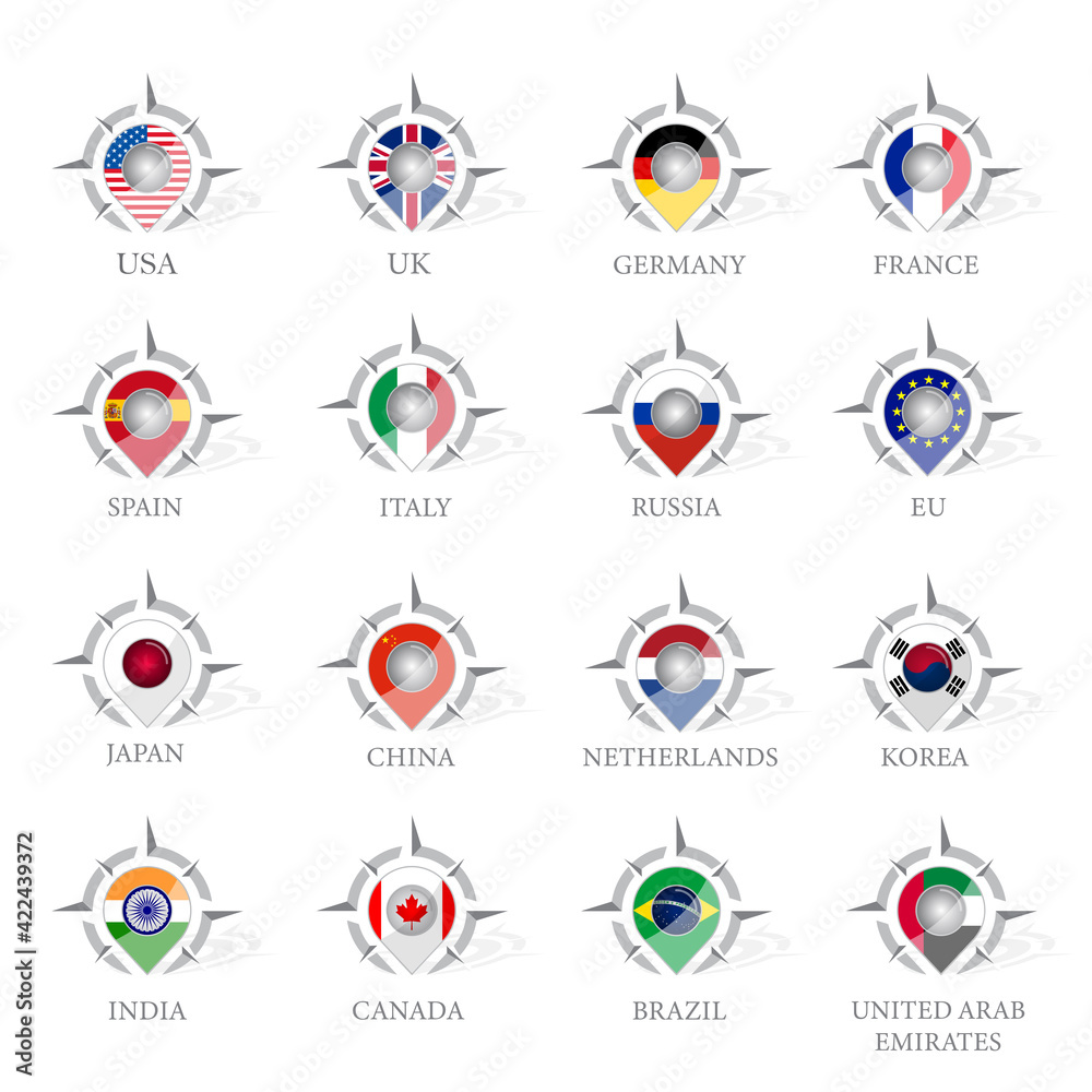 Map pointer or marker with compass and flags icons. Travel icon logo ...
