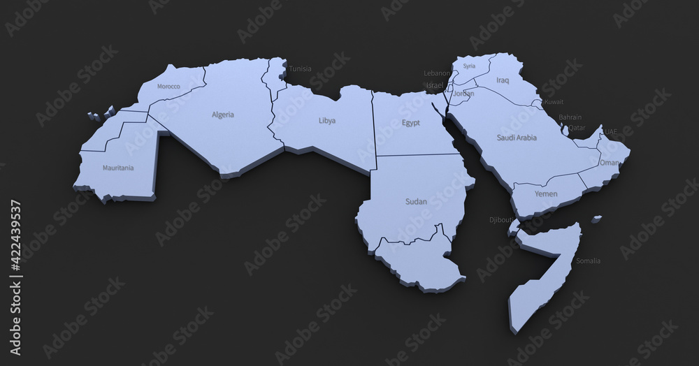 ARAB union map. map of arab countries 3d illustration on black ...