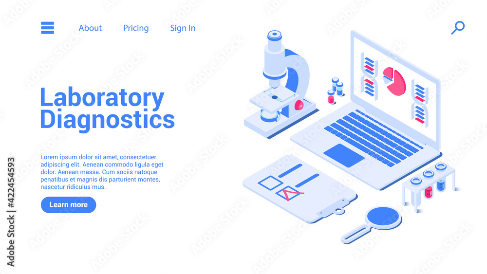 Laboratory diagnostics concept. Landing page or web banner template. 3d ...
