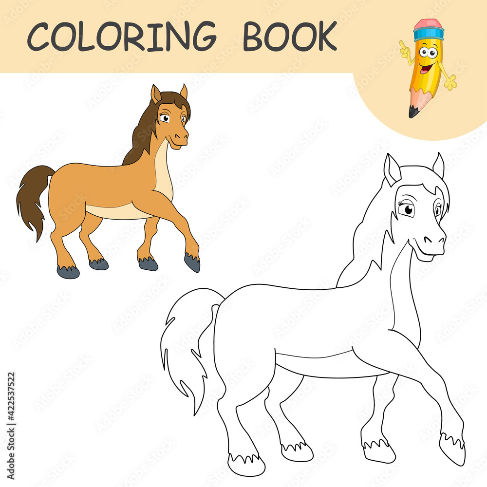 Coloring book with fun character Horse or Pony. Colorless and color ...
