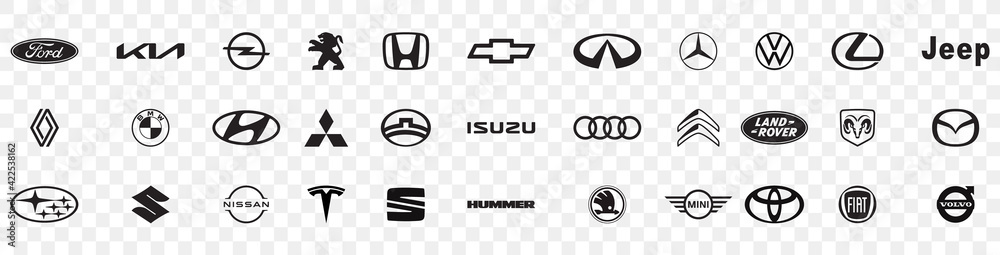 Set logos popular brands cars. Black automobile logos isolated on a ...