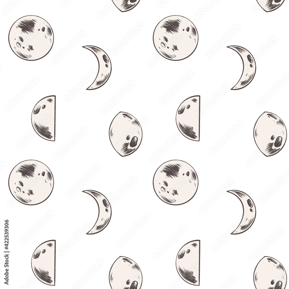 Moon phases square seamless pattern on white background. Vintage pencil ...