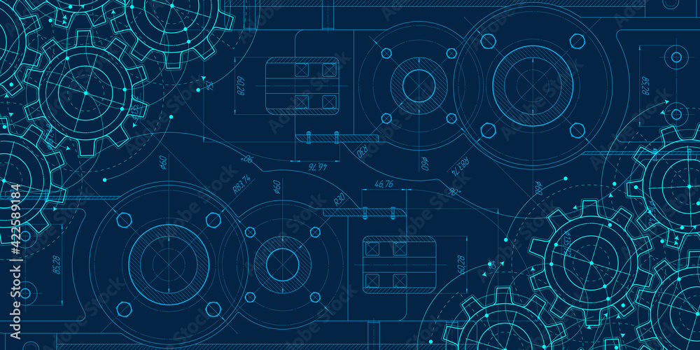 Technical drawing of gears .Rotating mechanism of round parts. School ...