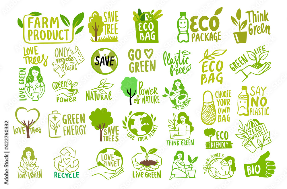 Big set of Ecologic labels. Eco safe emblems, green safe plant. Sticker ...