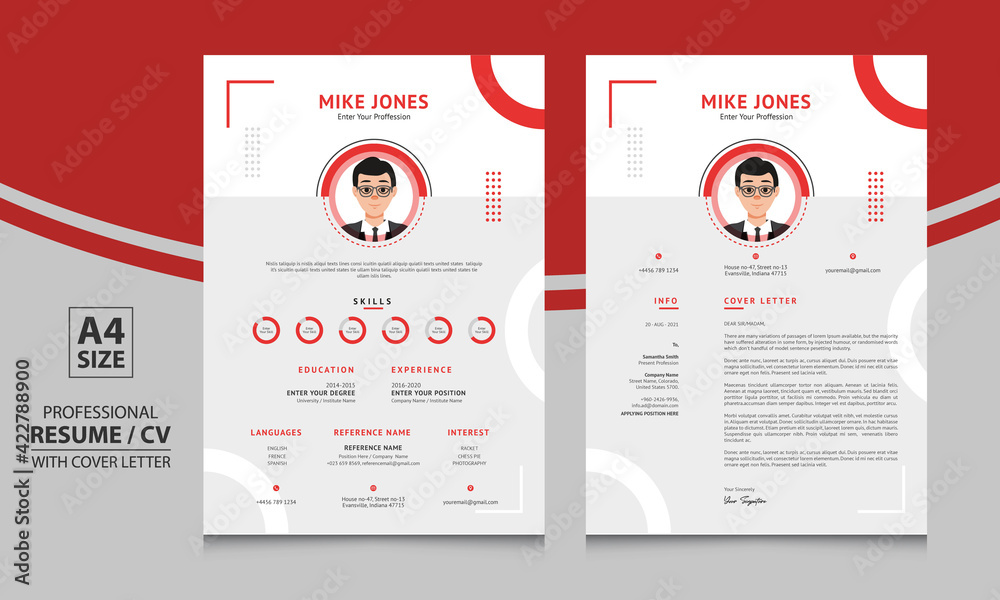 a4 size resume, cv template for job with cover letter layout in gray ...