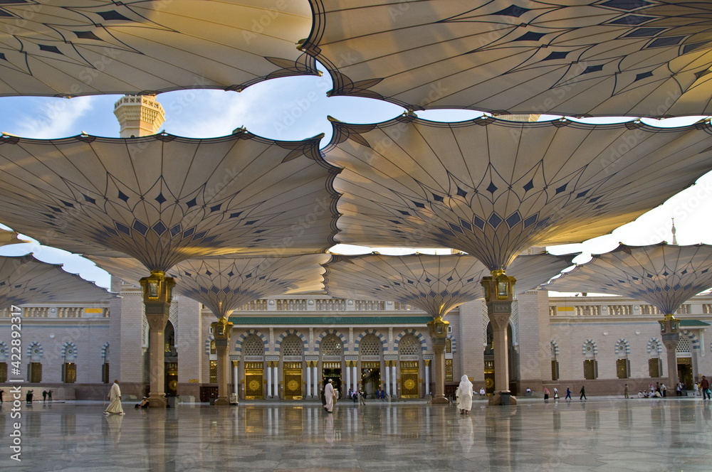 Large size canopy of the Holy Prophet's Mosque in Medina, Saudi Arabia ...