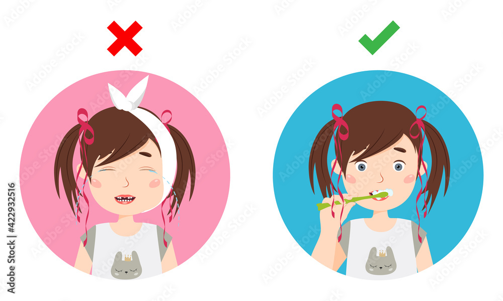 Little girl crying of toothache and girl brushing teeth. Dental care ...
