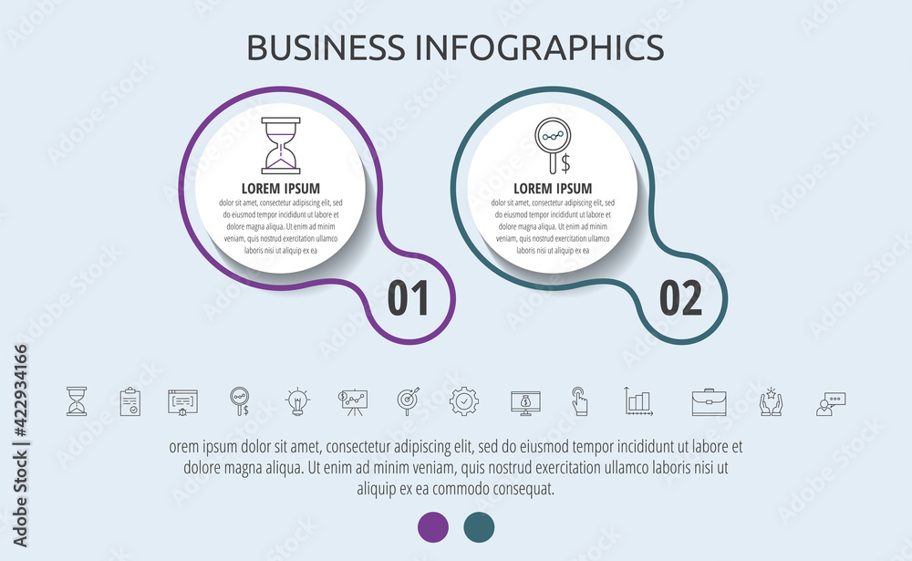 Circles vector line infographic with 2 step, icons. Timeline used for ...