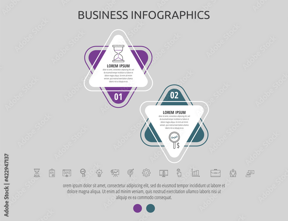 Modern and simple flat vector triangle infographic with 2 steps. Timeline for diagram, chart ...