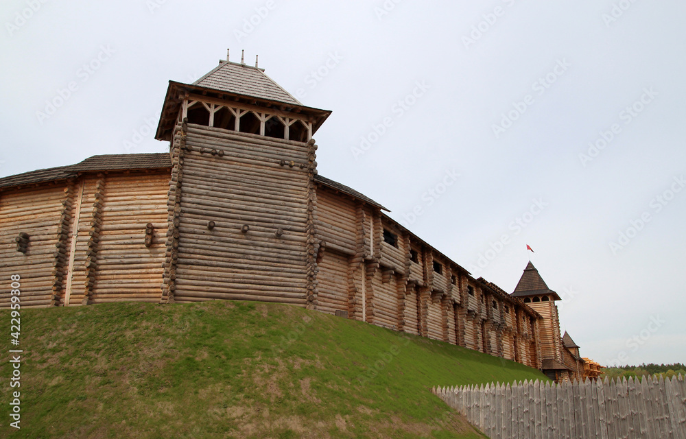Russian defensive wooden walls of the ancient medieval fortress of ...