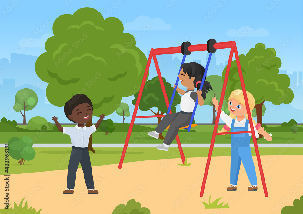 Children play, fun outdoor activity on playground in summer city park ...