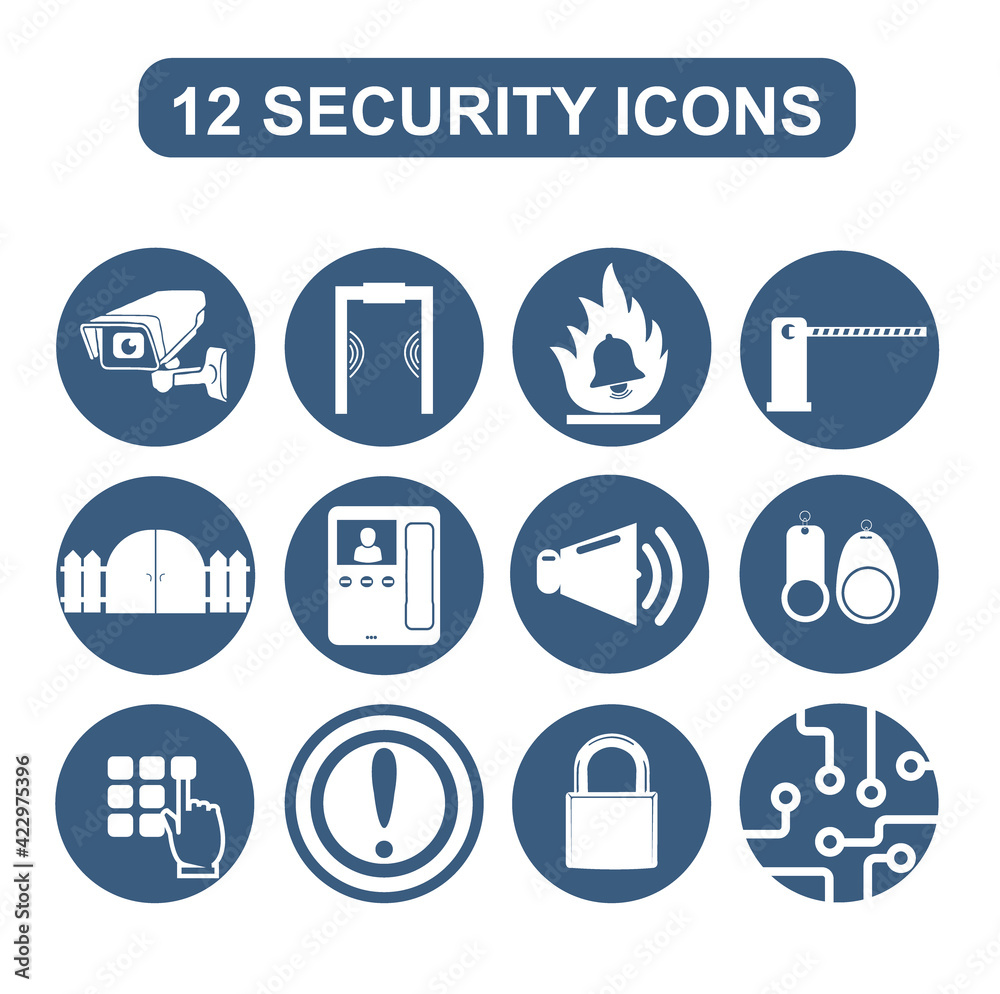 12 security icons. Video surveillance, metal detector, fire alarm ...