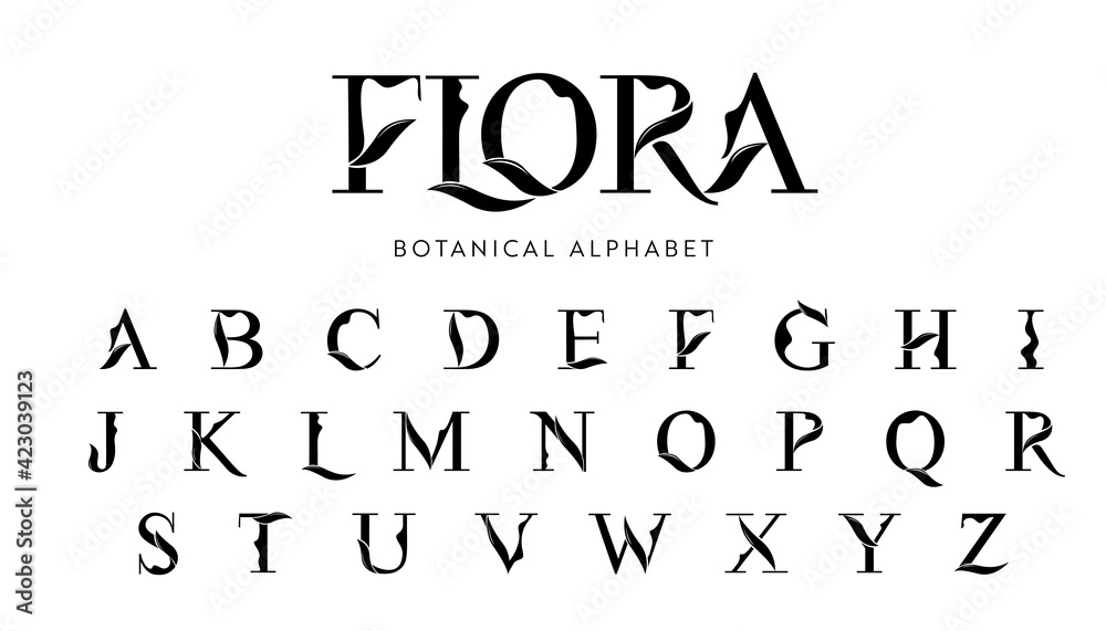 Vector Floral Alphabet with decorative leafs elements. Modern elegance ...