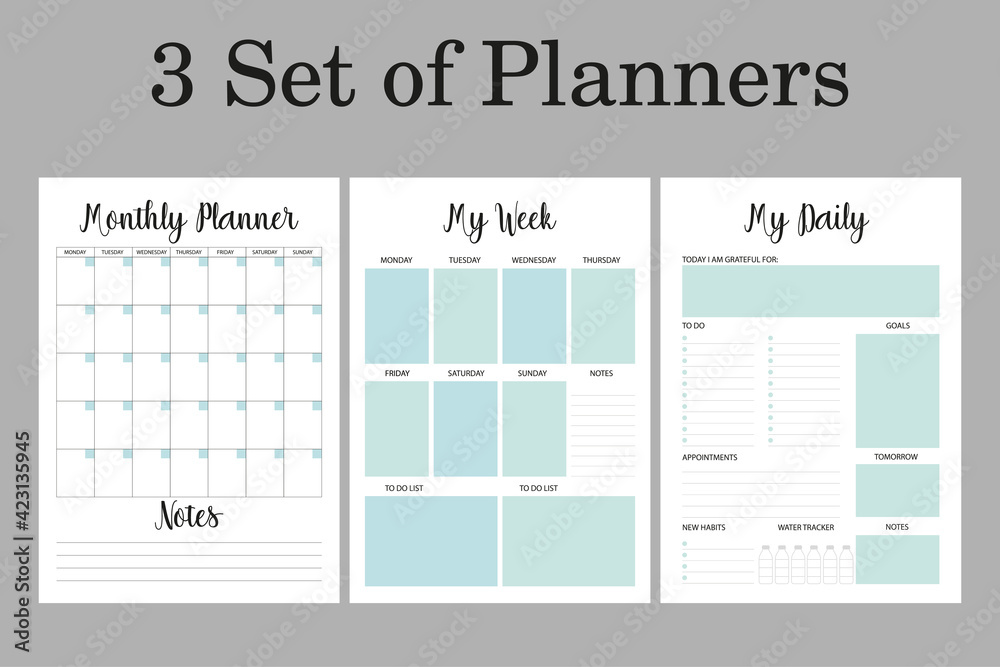 Daily, weekly, monthly planners set, 3 planner pages A4 sizes. Pages ...