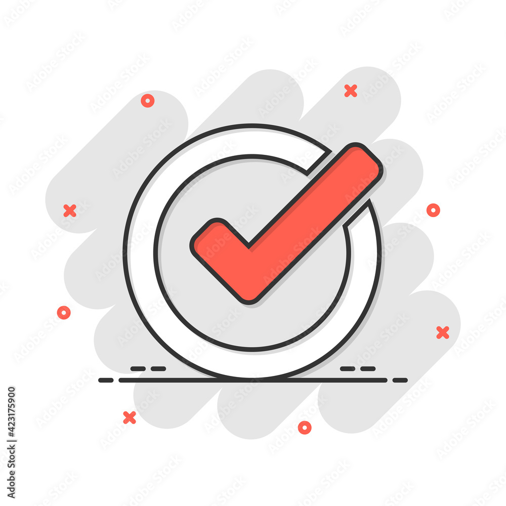 Check mark icon in comic style. Ok, accept vector cartoon illustration ...