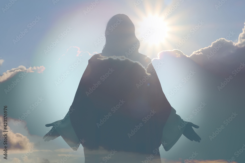 Silhouette of Jesus Christ and cloudy sky, double exposure Stock Photo ...