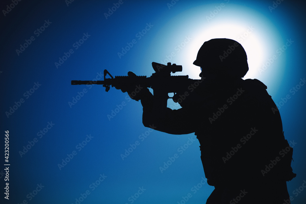 Modern army infantry soldier, coast guard rifleman aiming assault rifle ...