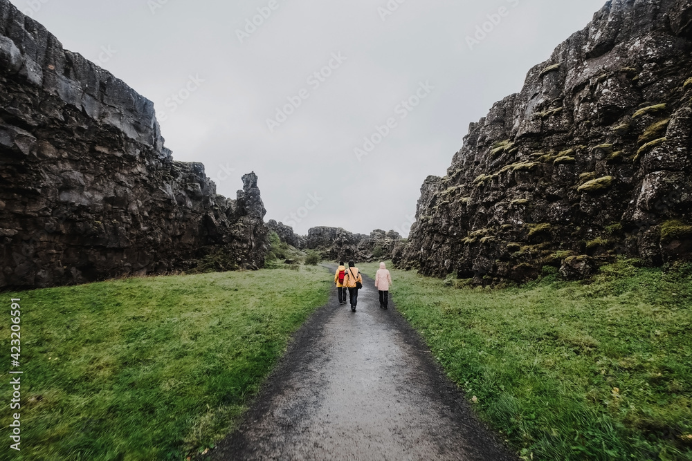Three friends walk on the road in Tingvellir National Park in Iceland ...