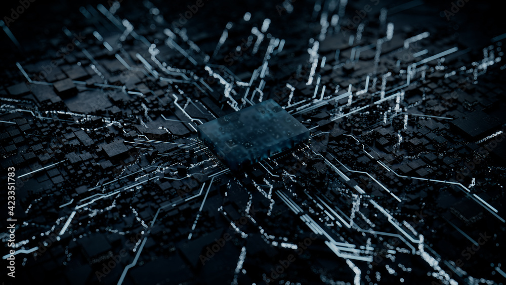 Advanced Technology Concept with Microchip. White Neon Data flows from the CPU across a ...