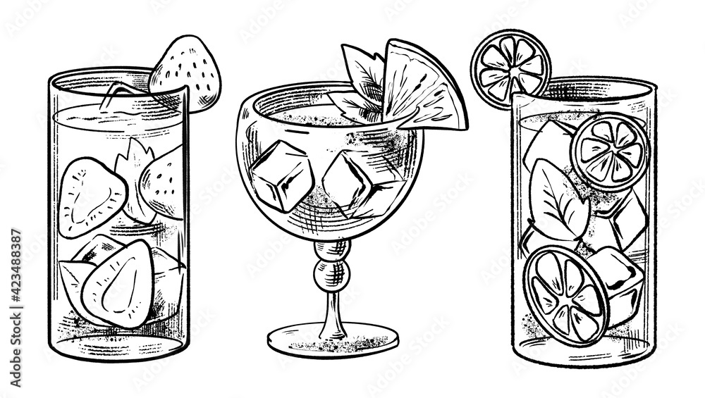 Hand drawing line art ink illustration set of cocktails. Collection of ...