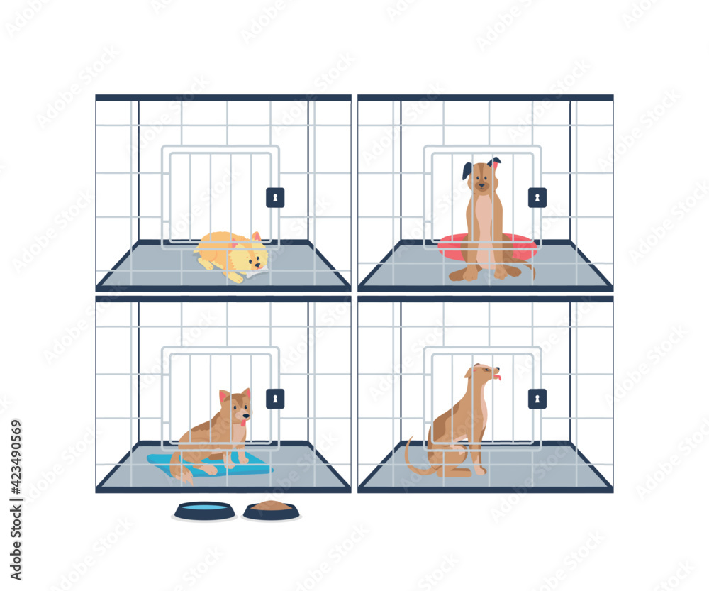 Homeless dogs in shelter cages flat color vector detailed characters ...