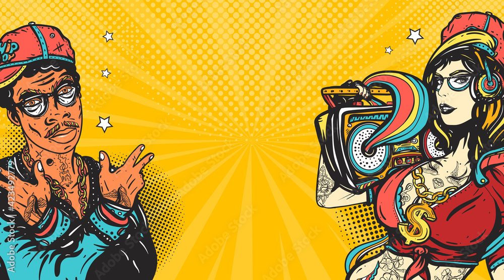 Fashion portrait of modern rap people. Hip hop girl and man. Pop art ...