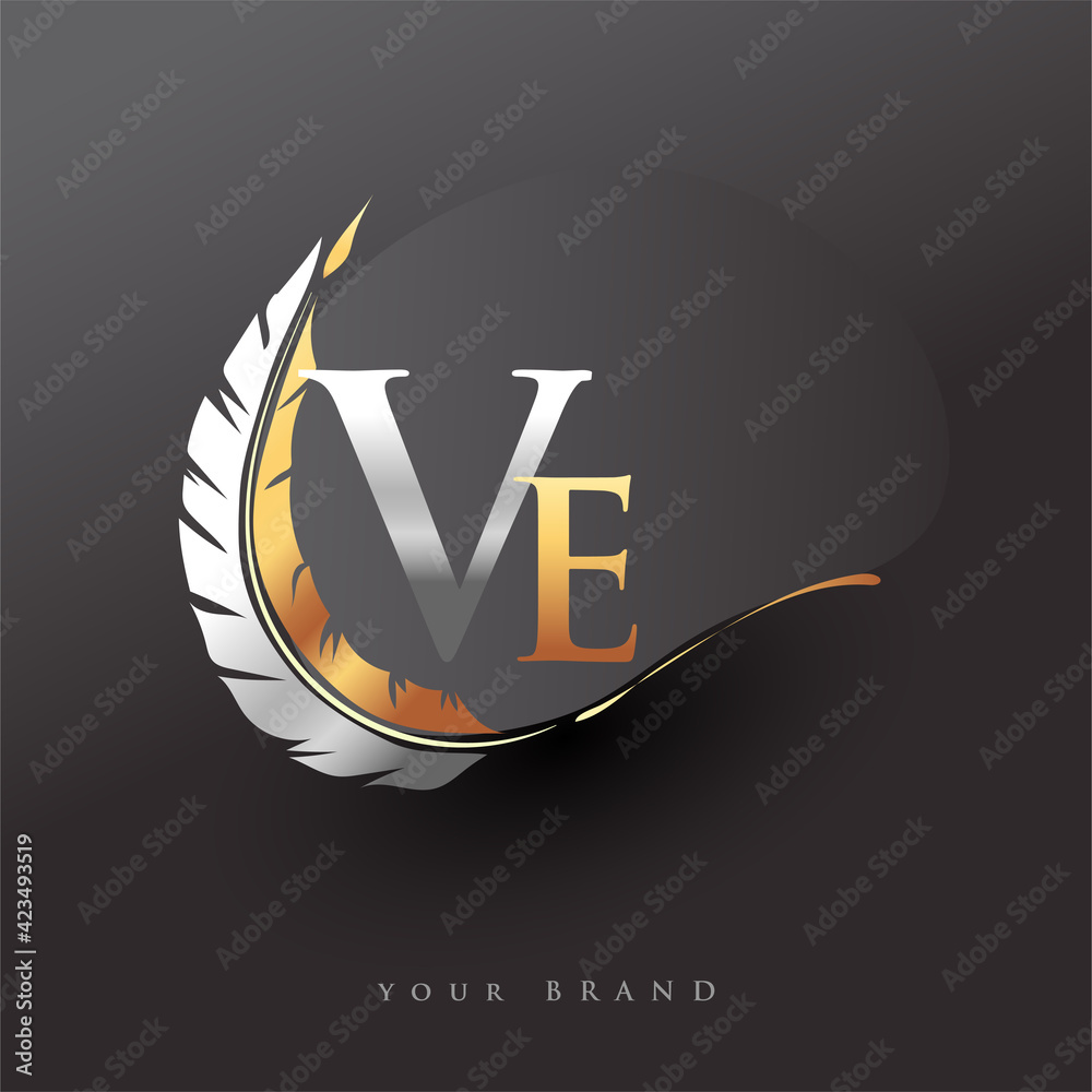 Initial letter VE logo with Feather Gold And Silver Color, Simple and ...