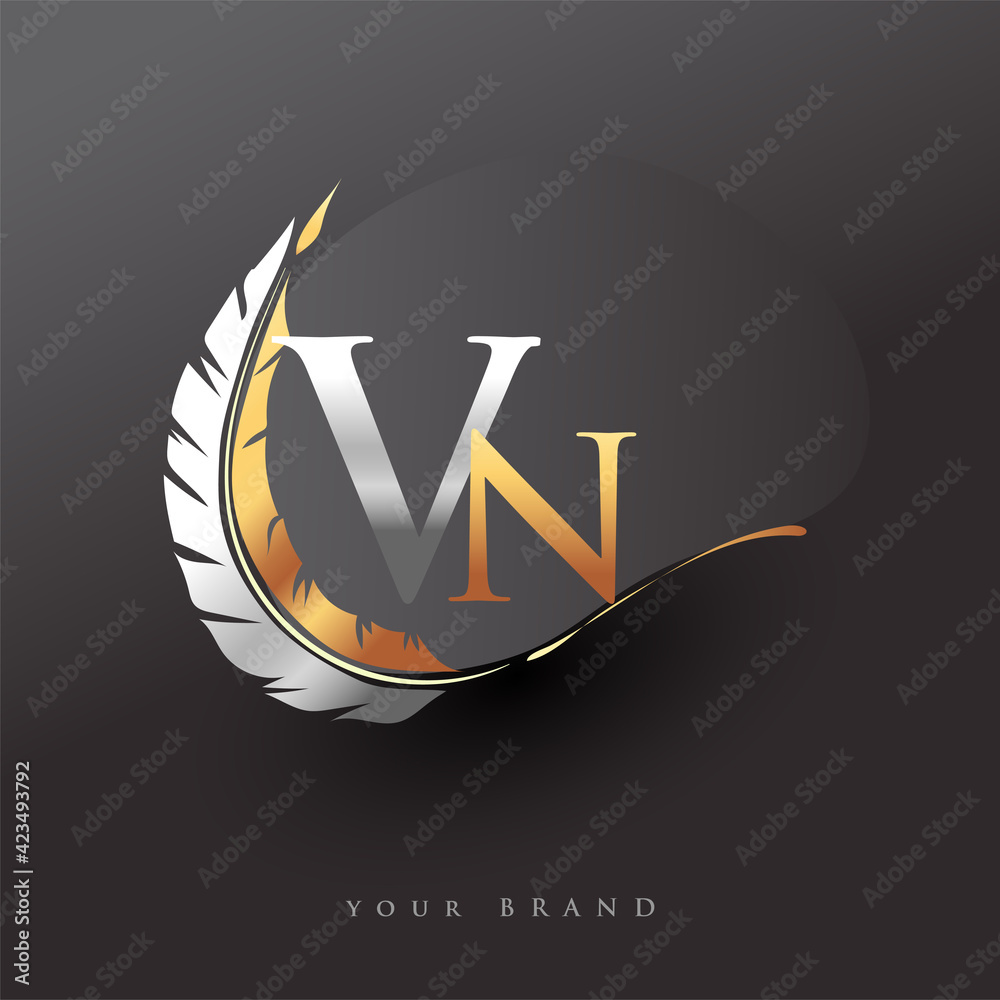 Initial letter VN logo with Feather Gold And Silver Color, Simple and ...