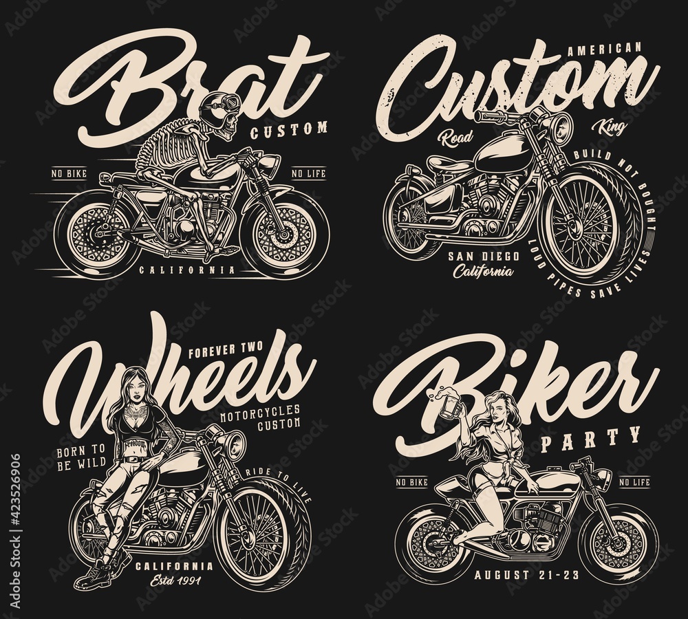 Motorcycle monochrome vintage badges Stock Vector | Adobe Stock