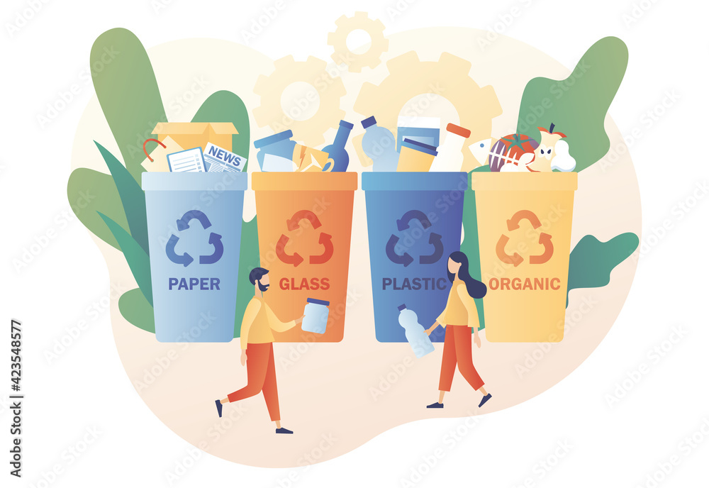 Tiny people sorting garbage waste, paper, glass, plastic, organic in ...