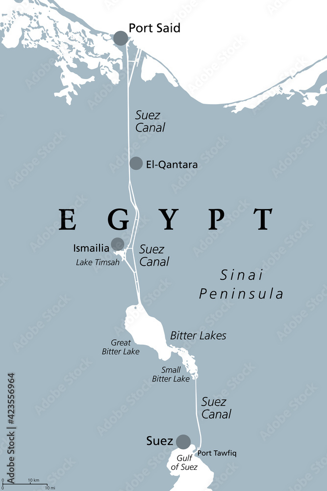 Suez Canal, gray political map. Artificial sea-level waterway in Egypt ...