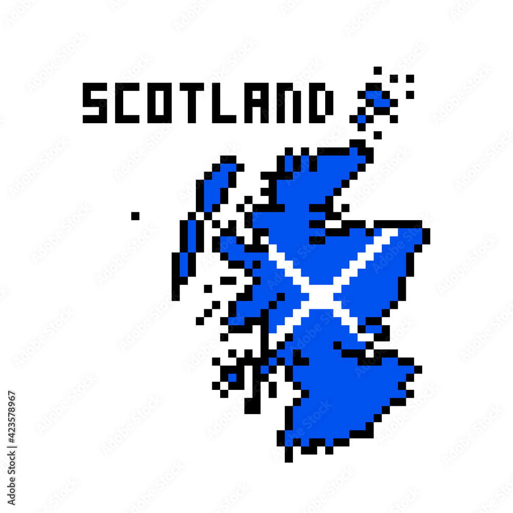 2d 8 bit pixel art Scotland map covered with flag isolated on white ...