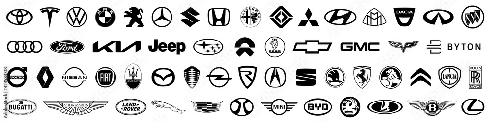 Kiev, Ukraine - March 27, 2021: Set logo of popular brands of cars ...